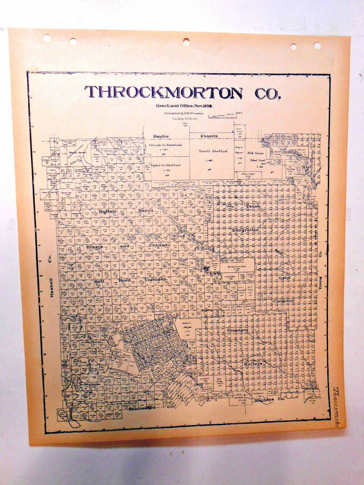 Old Throckmorton County Texas Land Office Owner Map 1898 Woodson Elbert ...
