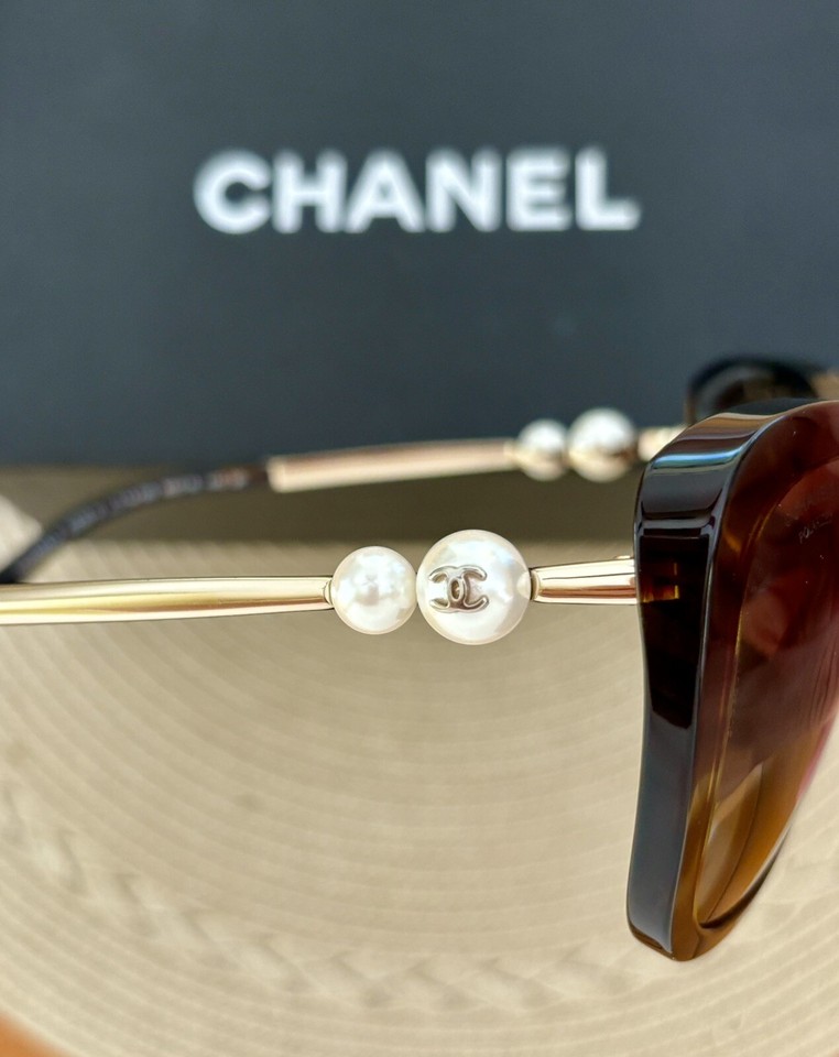 CHANEL Brown Tortoise Square Pearl Gold CC Polarized Women Sunglasses ...