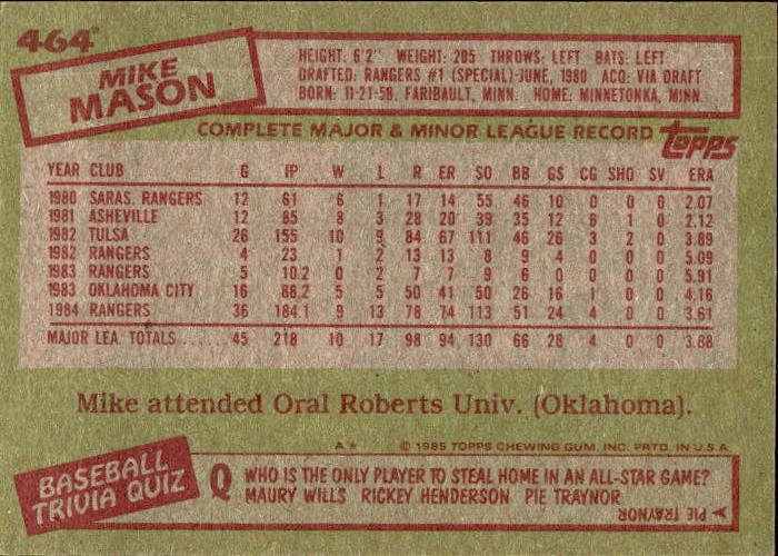 Mike Mason 1985 Topps #464 Texas Rangers | eBay