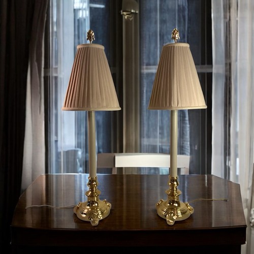 STIFFEL 2 Pair Lamps Pleated Shade Brass Ceramic Candlestick 29” Finial ...