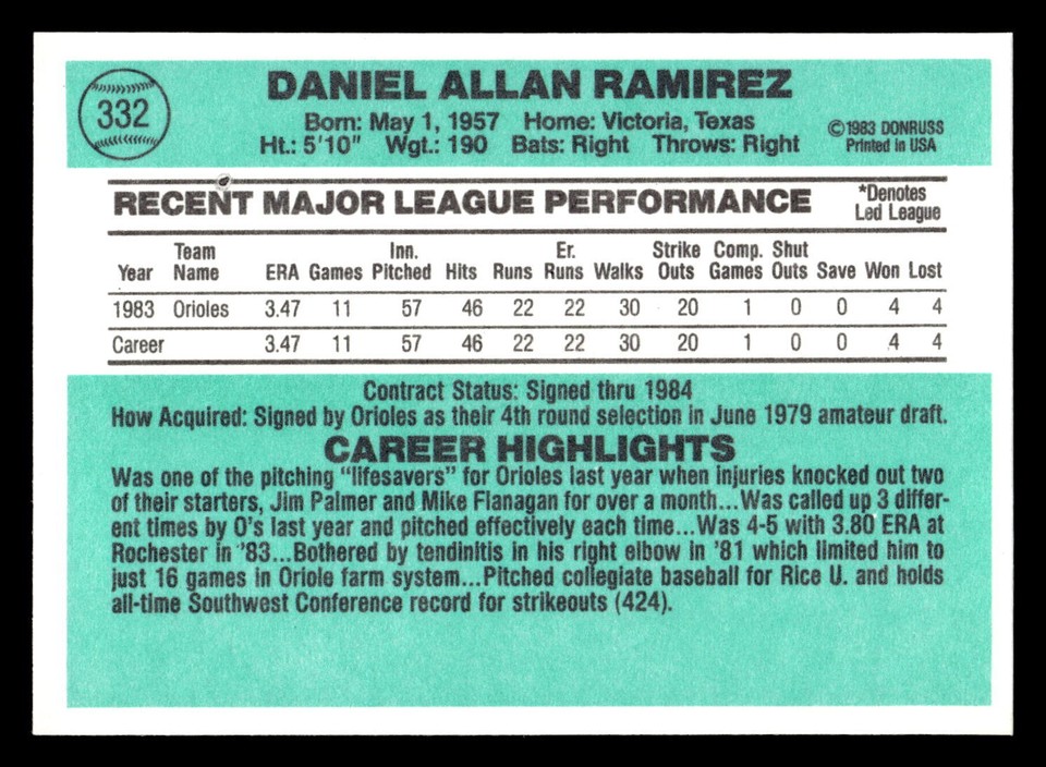 Allan Ramirez 1984 Donruss #332 Baltimore Orioles | eBay