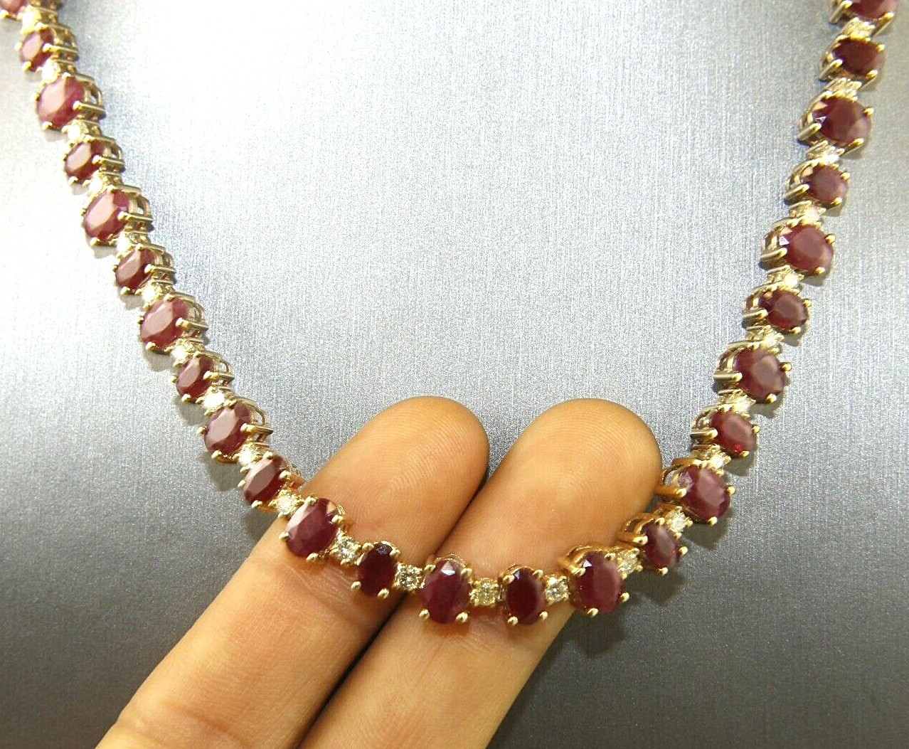 Natural Oval Ruby & Diamond Link Lady's Tennis Necklace 14K Yellow Gold ...