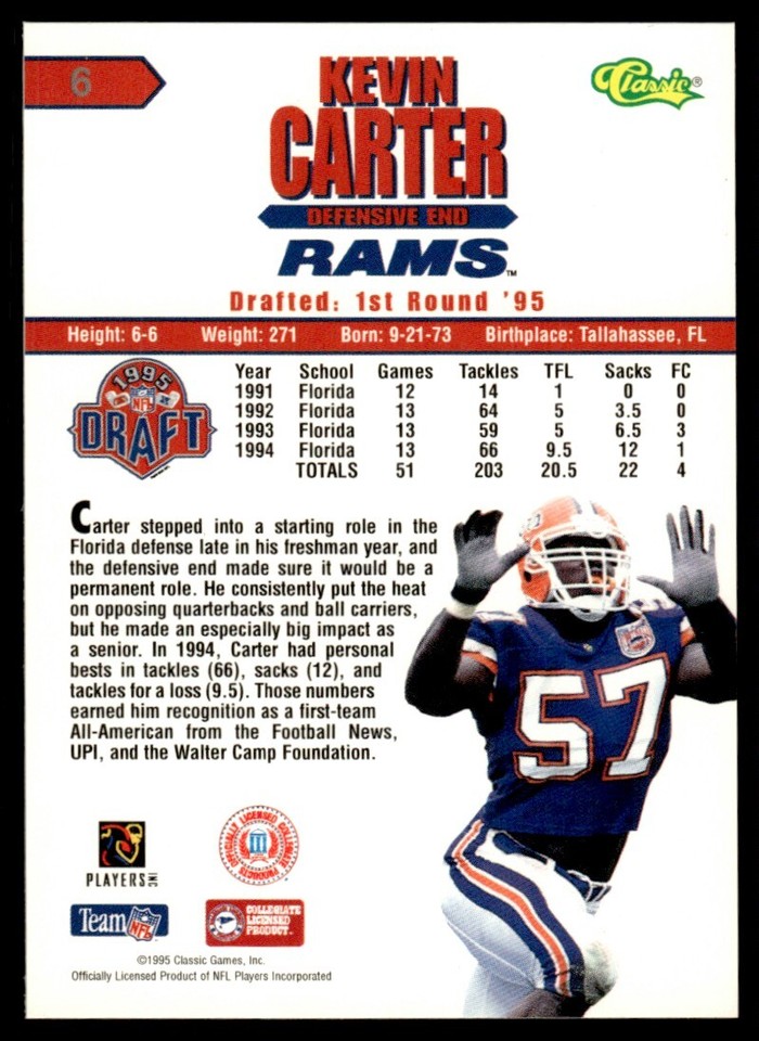 1995 Classic NFL Rookies #6 Kevin Carter Rookie St. Louis Rams | eBay