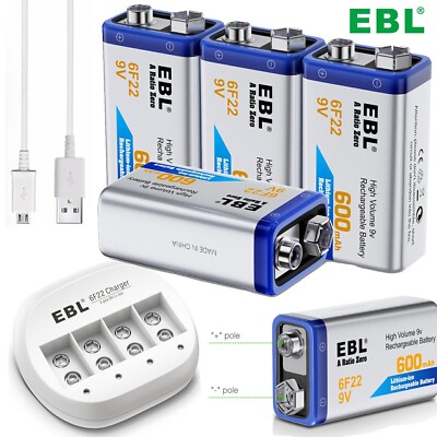EBL 600mAh 9V Rechargeable Batteries 9 Volt Lithium / 9V Optional ...