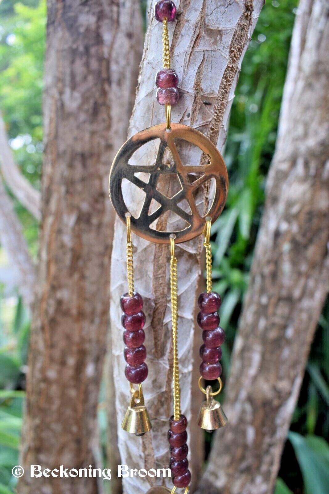 3 Tier Long Metal WIND CHIME Pentagram Pentacle Purple Grape Glass ...