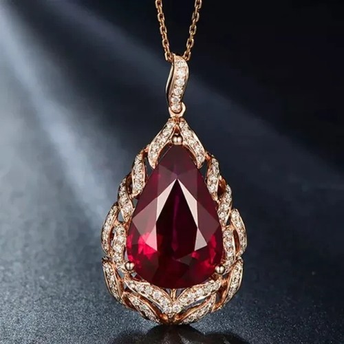 3Ct Pear Cut Lab-Created Ruby Teardrop Pendant 14K Yellow Gold Plated ...