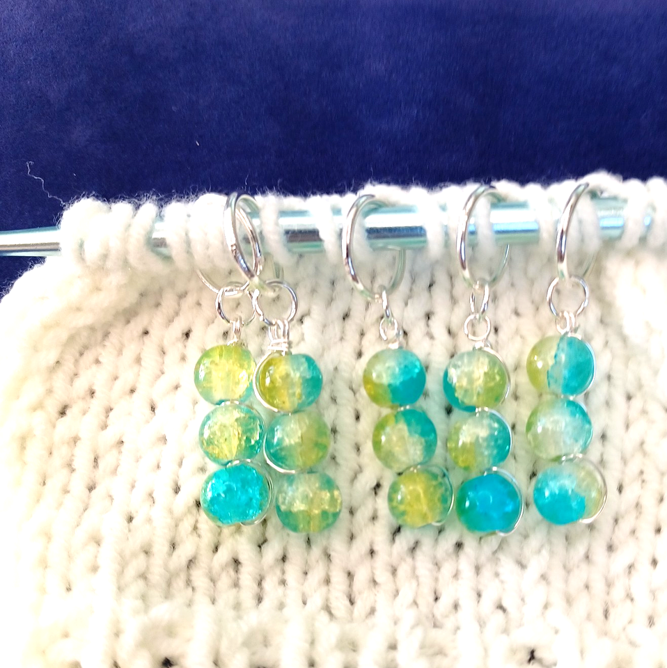 MikieLou Stitch Markers Premium Blue Green Crackle Glass Dangle ...