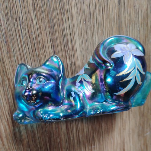 Fenton S. Hopkins Hand Painted Floral Blue Carnival Glass Pouncing Cat ...