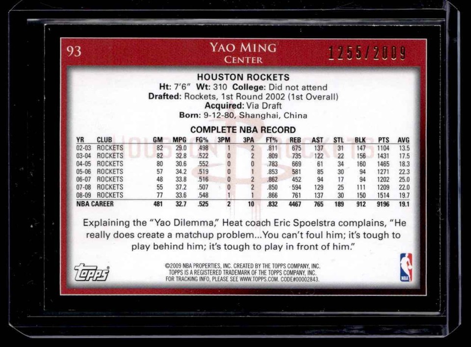 2009-10 Topps Gold Yao Ming 1255/2009 Houston Rockets #93 | eBay