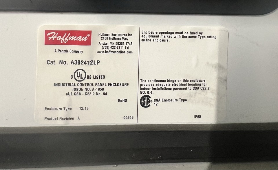 HOFFMAN NVENT A362412LP Enclosure 36 x 24 x 12, Vented, Back Plate | eBay