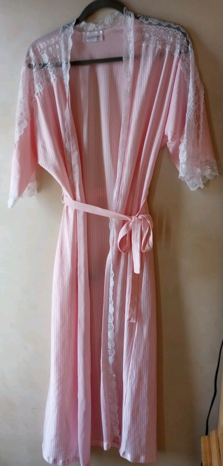 Fredrick's of Hollywood Pink striped shimmer Robe with Lace Trim Size ...