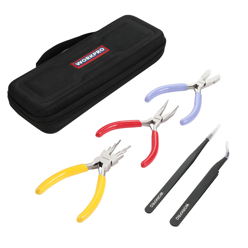 WORKPRO 5 PC Jewelry Plier Set 6 in 1 Wire Loop Plier Nylon Nose Bent ...