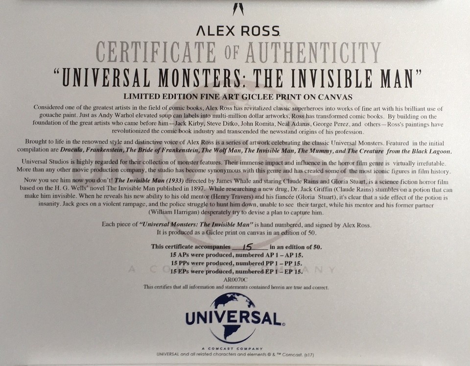 ALEX ROSS rare INVISIBLE MAN Universal Monsters NEW giclee CANVAS ...