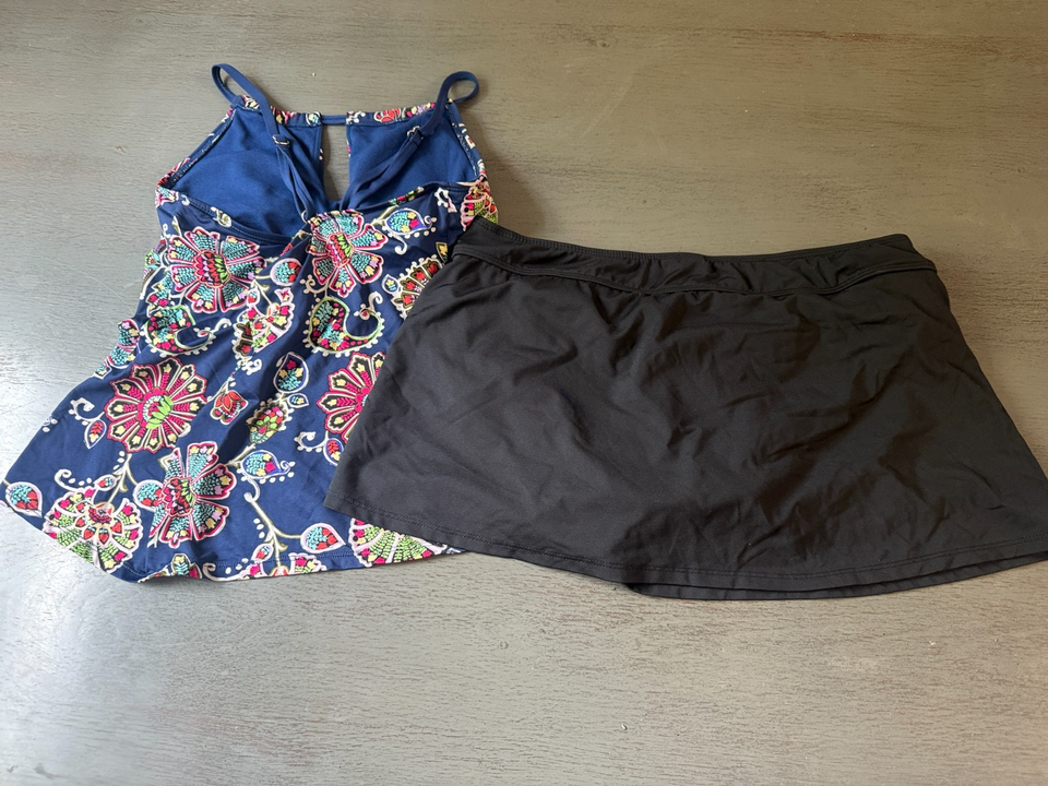 blue black tankini skir LIZ CLAIBORNE two piece swimsuit bikini size ...