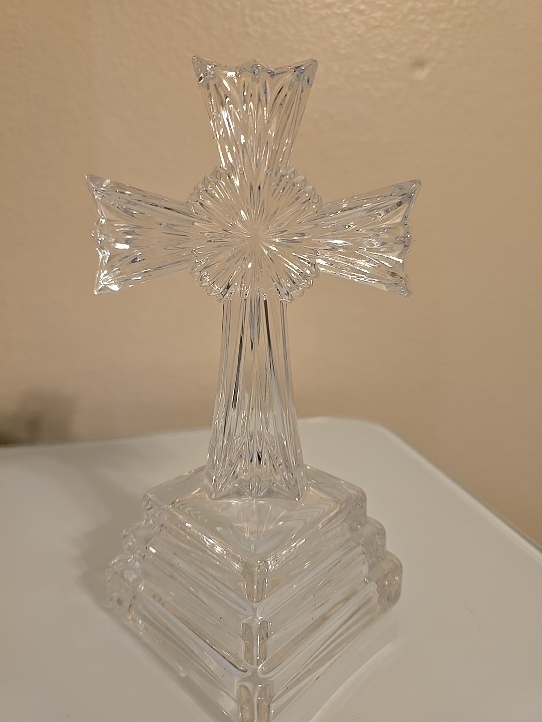 CRYSTAL CLEAR 8" TALL MANTLE CROSS CRUCIFIX STAND 3 TIER BASE | eBay