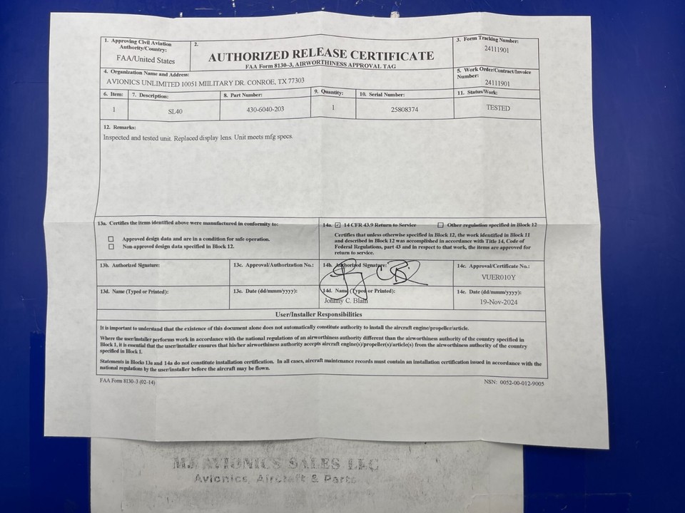 Garmin SL40 VHF COMM RADIO P/N 430-6040-203 WITH FAA FORM 8130-3 | eBay