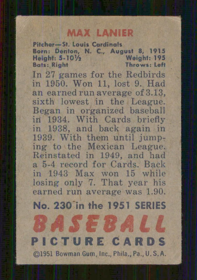 1951 BOWMAN # 230 MAX LANIER 18368 | eBay