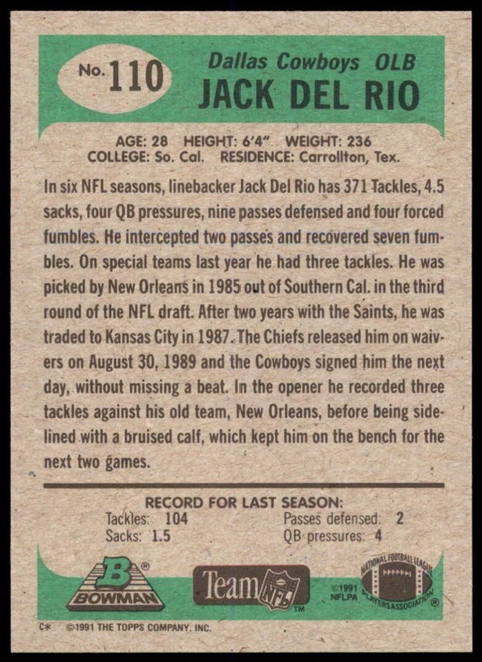 1991 Bowman #110 Jack Del Rio COWBOYS | eBay