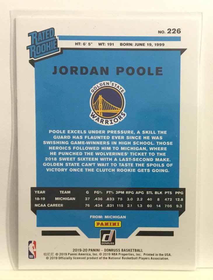 2019-20 PANINI DONRUSS JORDAN POOLE RATED ROOKIE #226 WARRIORS MSK | eBay
