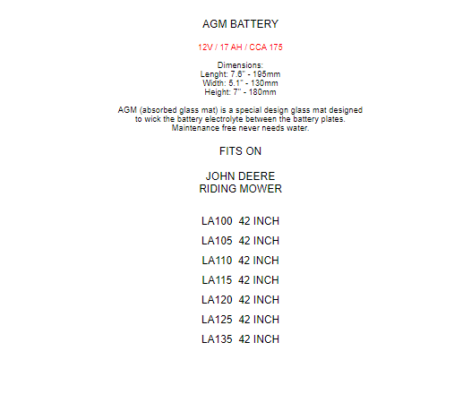 AGM Battery For John Deere LA100 LA105 LA110 LA115 LA120 LA125 LA135 42 ...