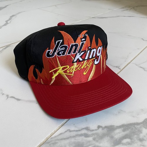 Vintage 1990s 90s Jani King Racing Flames Fire SnapBack Hat Black Red ...