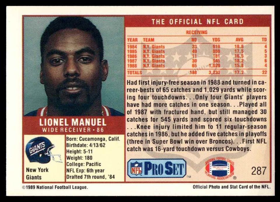 1989 Pro Set Lionel Manuel New York Giants #287 | eBay