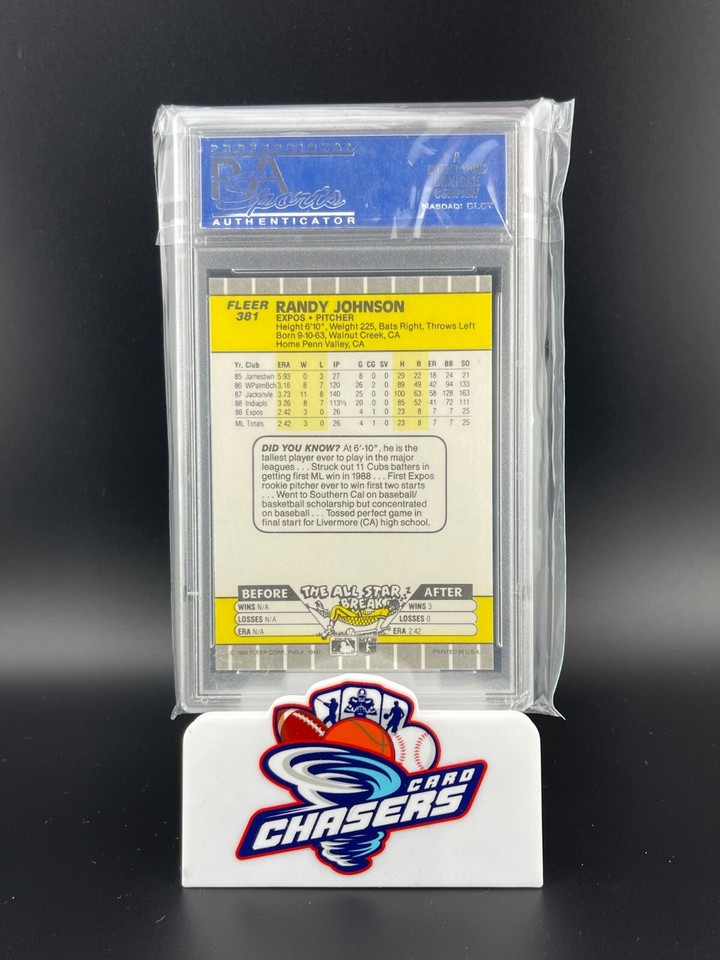 1989 FLEER GLOSSY #381 RANDY JOHNSON RC HOF AD BLACKED OUT PSA 9 Rookie ...