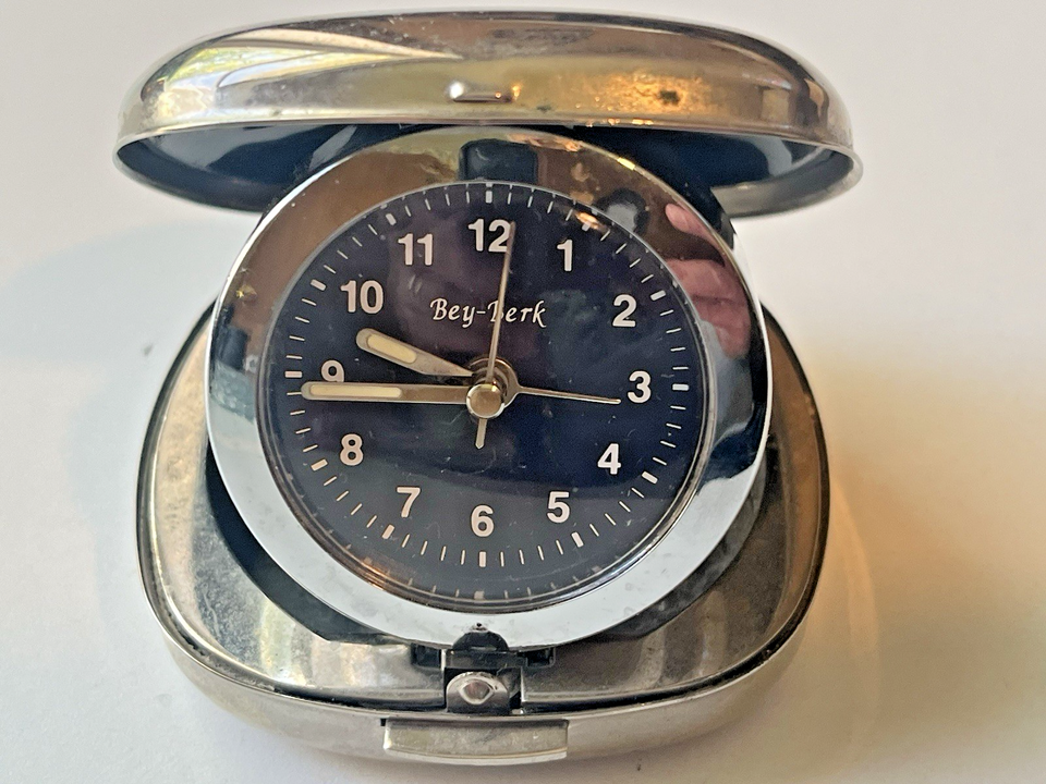 BEY-BERK Blue & Silver TRAVEL CLOCK~ Clamshell Silver Case | eBay