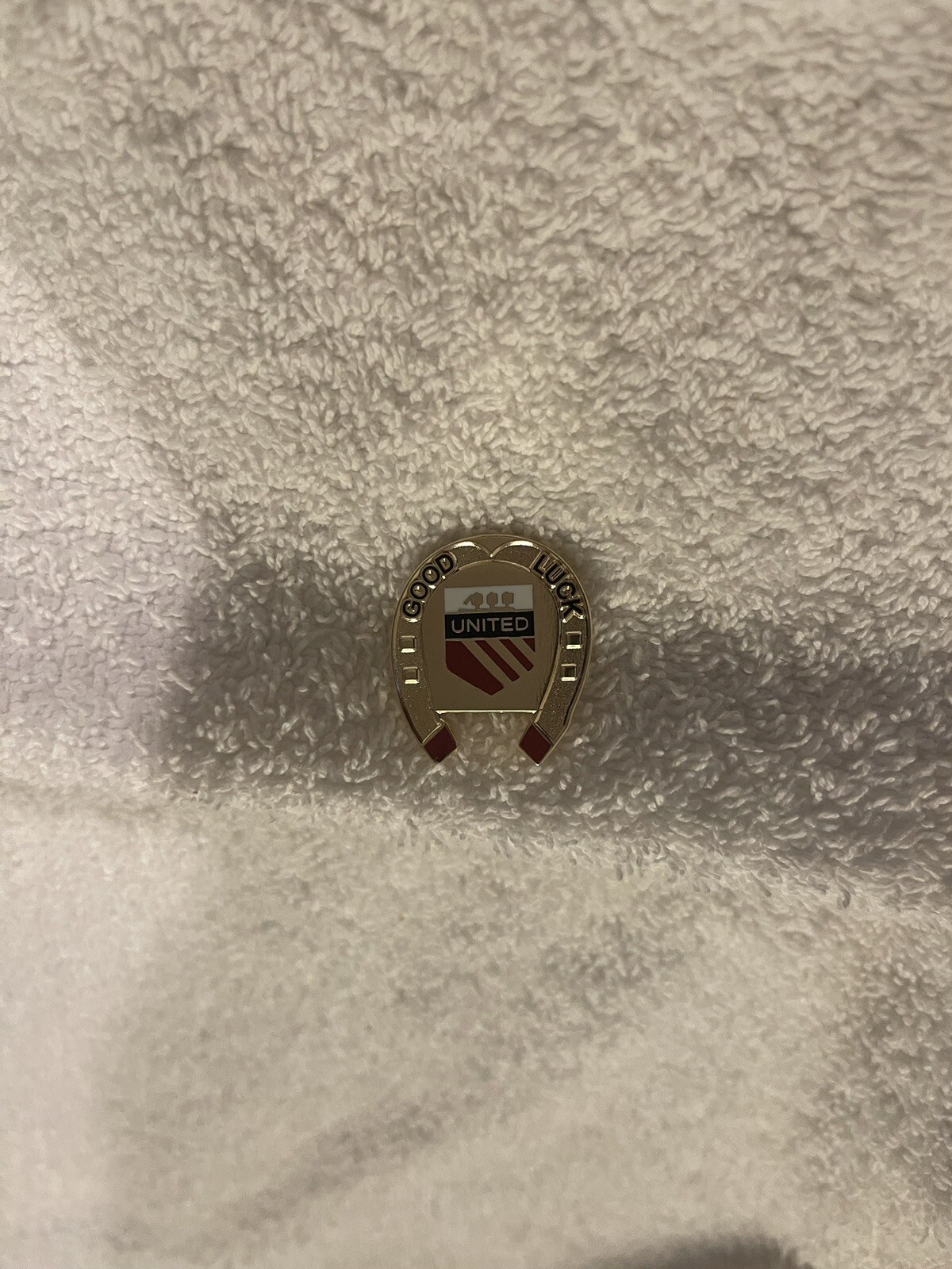 GOOD LUCK UNITED Badge Gold Manchester Utd Lucky Horse Shoe MUFC Old ...