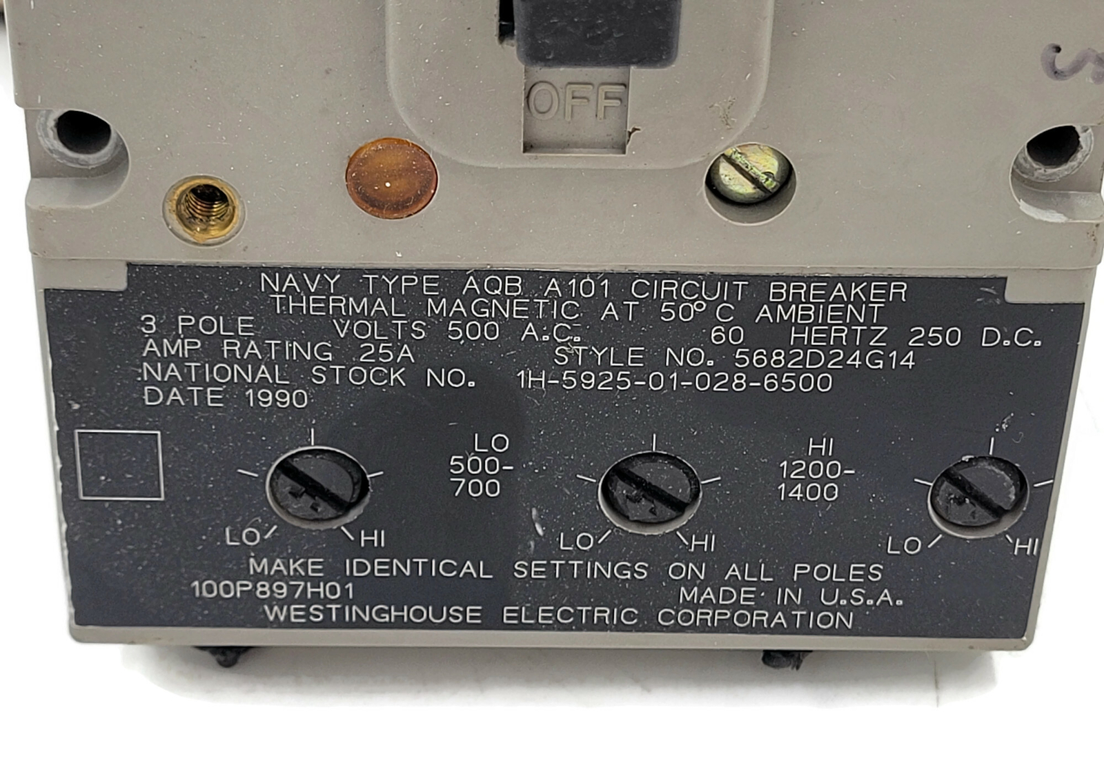 Westinghouse Aqb-a101 Navy Breaker 458d509g15 100a 3-pole 500vac/250vdc ...