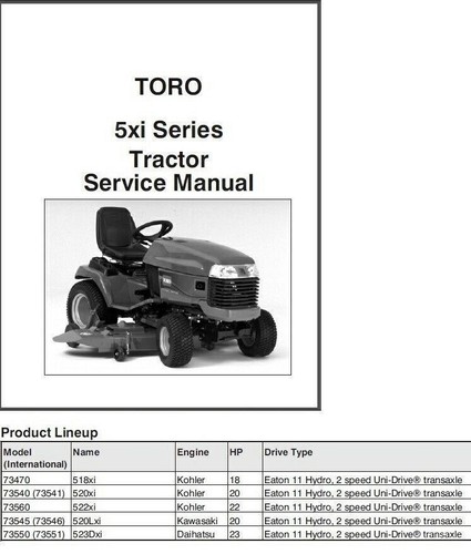 Toro 518xi 520xi 522xi 520Lxi 523Dxi Lawn Tractor Repair Service Manual ...