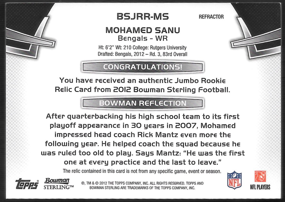2012 Bowman Sterling Mohamed Sanu Jumbo Relic /65 RC #BSJRR-MS Rookie ...