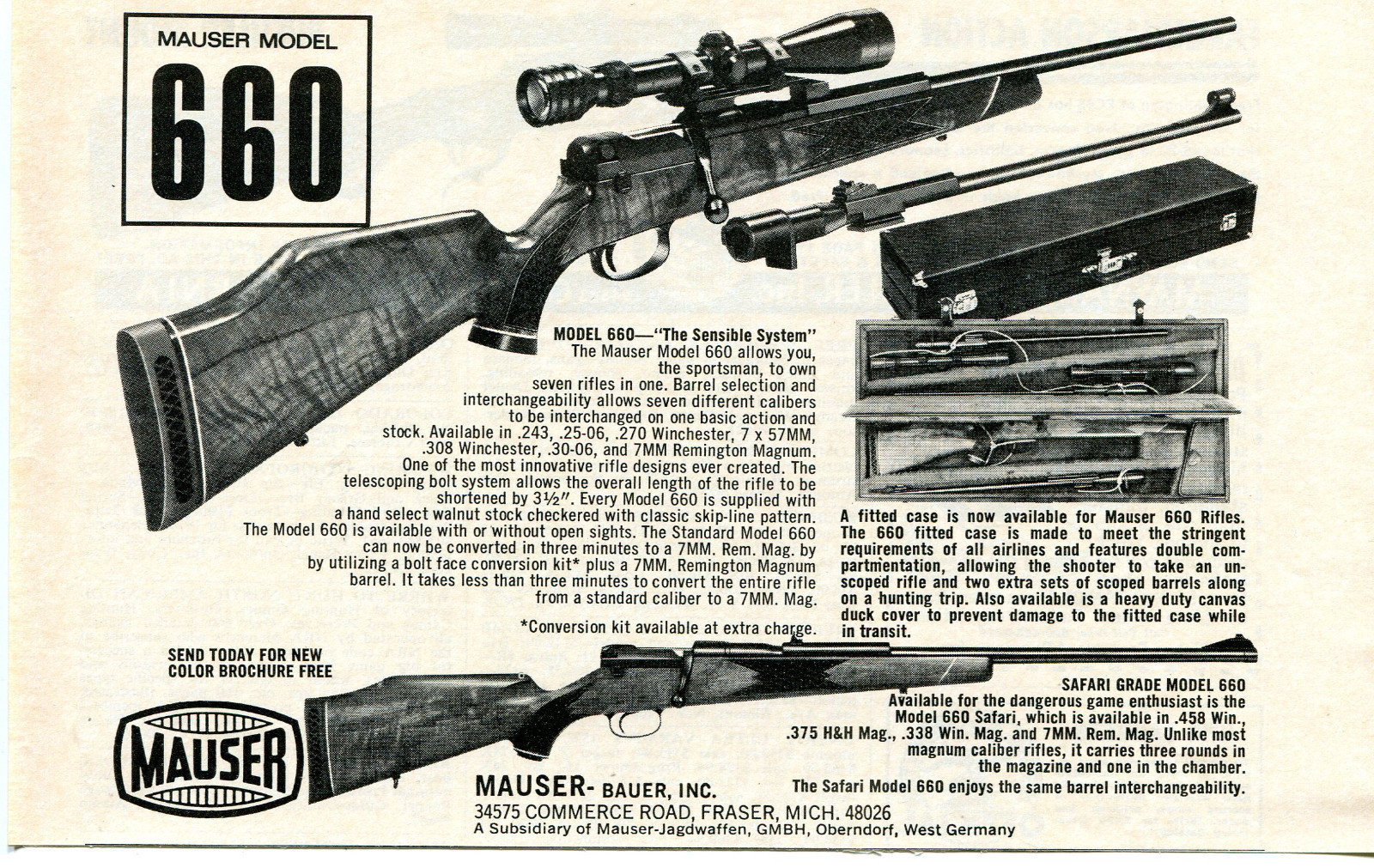 1973 Print Ad of Mauser Bauer Model 660 Bolt Action Rifle The Sensible ...