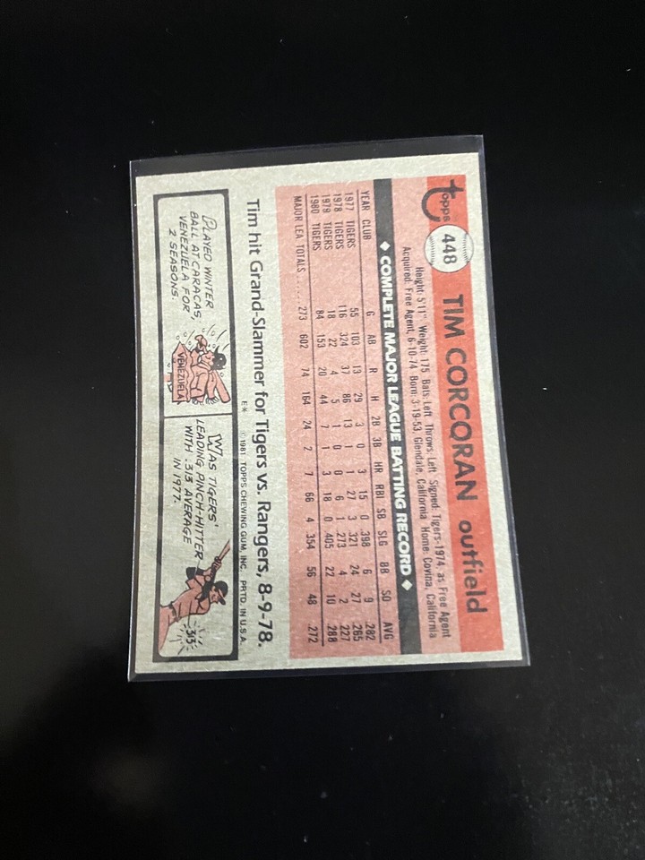 Tim Corcoran 1981 Topps baseball card NRMT-MT Tigers 448 PWE | eBay