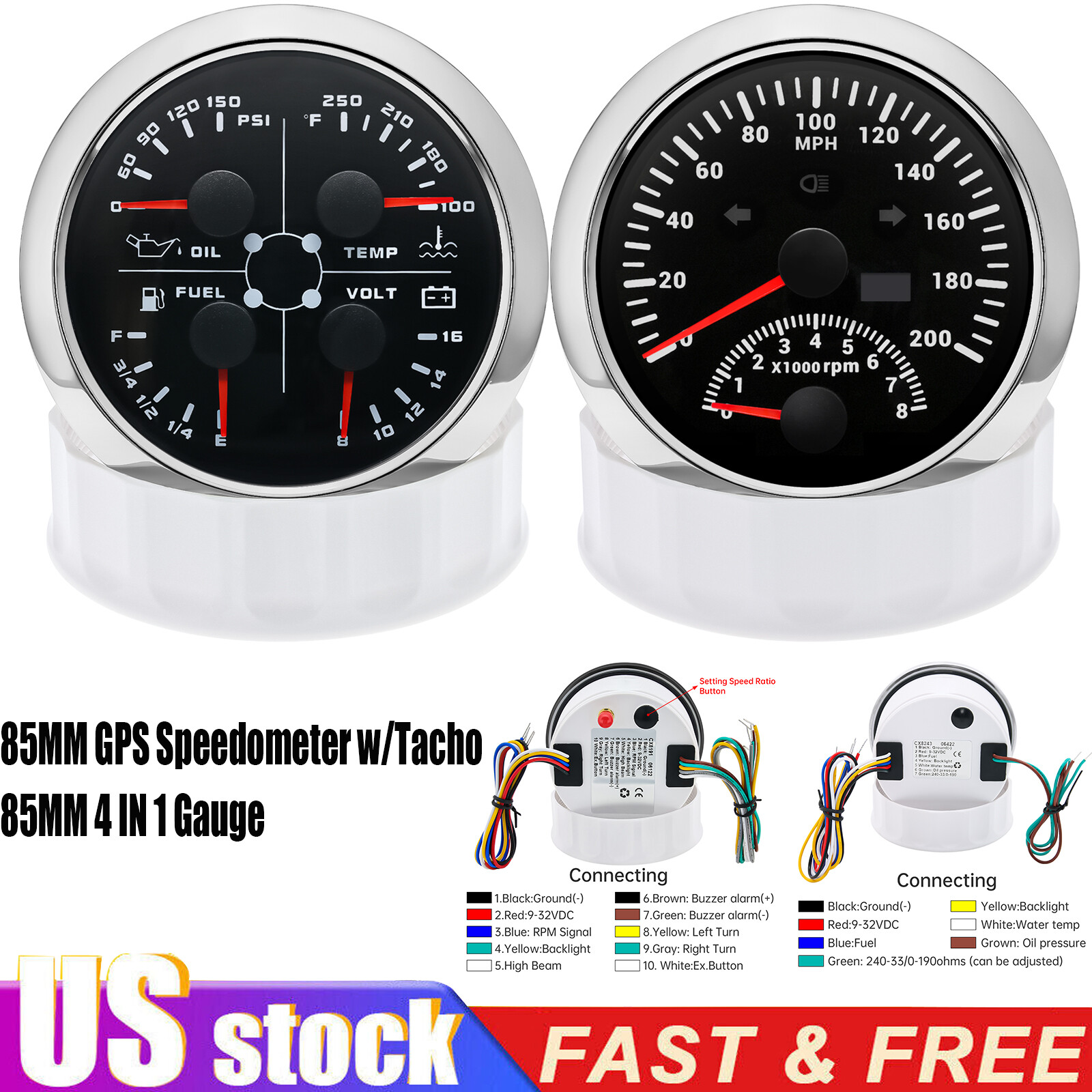 85MM GPS Speedometer 200MPH w/Tacho&85mm 4 IN 1 Multifunction Gauge for ...