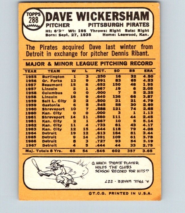 1968 TOPPS BASEBALL #288 DAVE WICKERSHAM MID GRADE JG | eBay