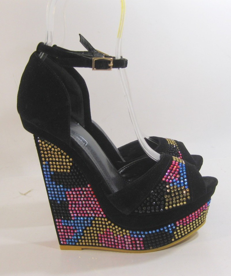 Black Colorful Rhinestones 6"Wedge Heel 2"Platform Shoes US WOMEN Size ...