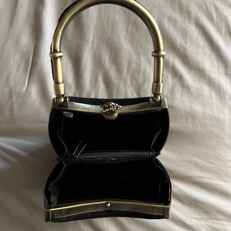 Ermo Collection Beaded Black Velvet/Velour Purse Clutch with brass ...