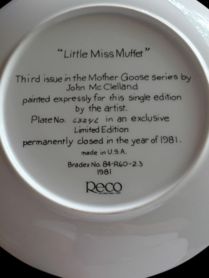Collector Plate Vintage 1981 Reco Mother Goose "Little Miss Muffet" By ...