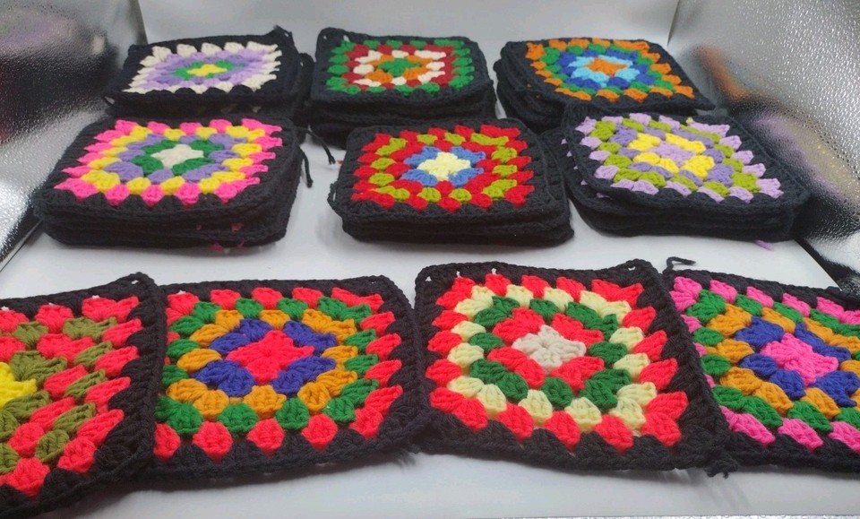 Crochet Granny Squares Lot Of 48 Colorful 7x7 Inch Loose Squares Black ...
