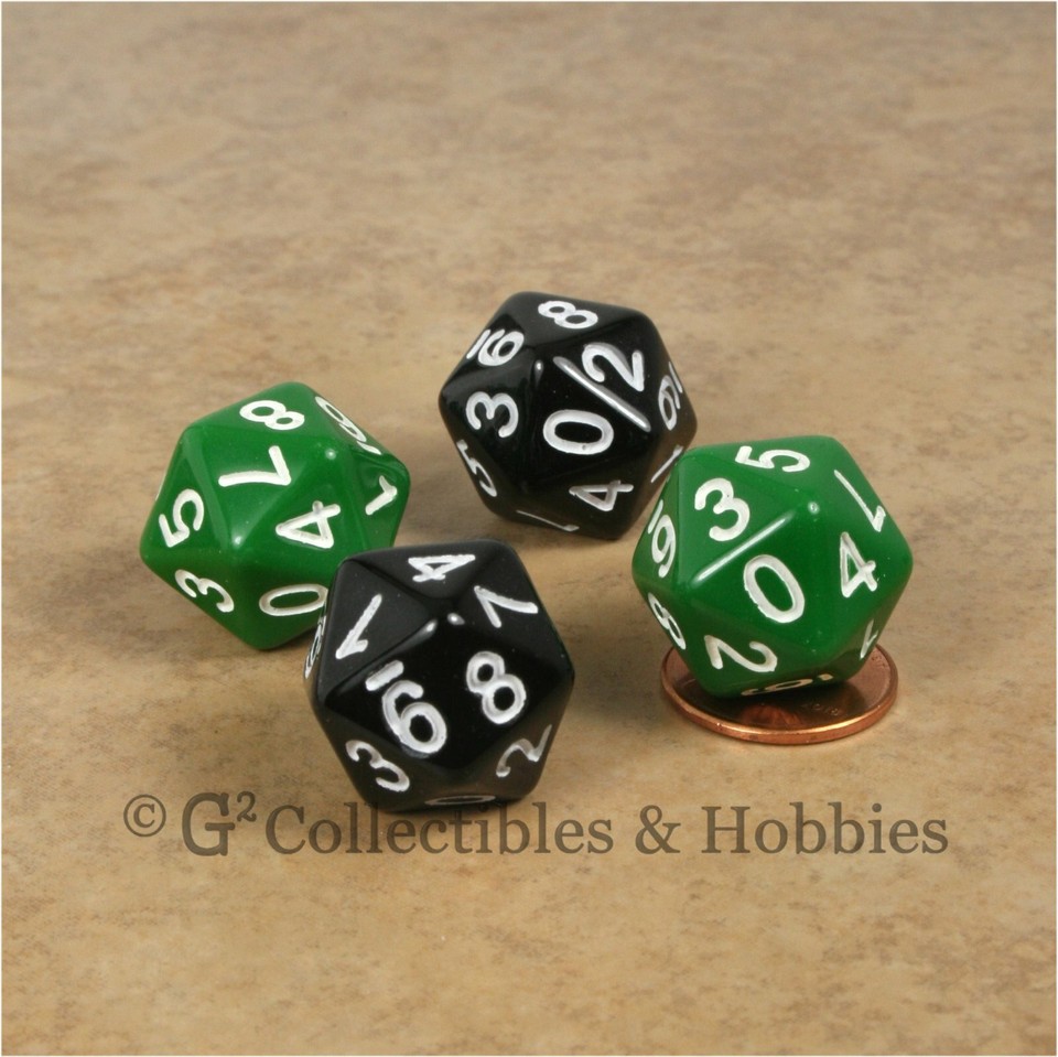 NEW Set of 4 Black & Green D10 Twenty Sided 0 to 9 Twice Game Dice D&D ...