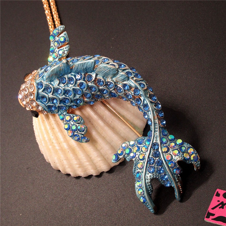 Pretty Blue Enamel Goldfish Fish Crystal Pendant Fashion Women Chain ...