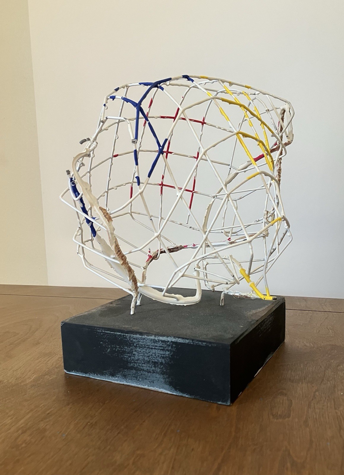 Abstract painted wire sculpture wood base 8 1/8 art signed post modern ...
