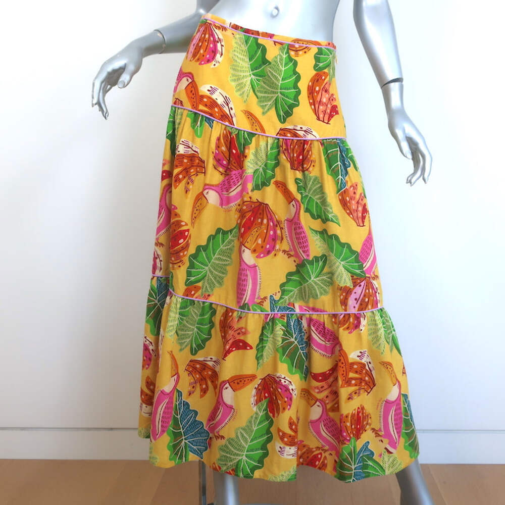 FARM Rio Beaks And Bananas Tiered Midi Skirt Yellow L… - Gem