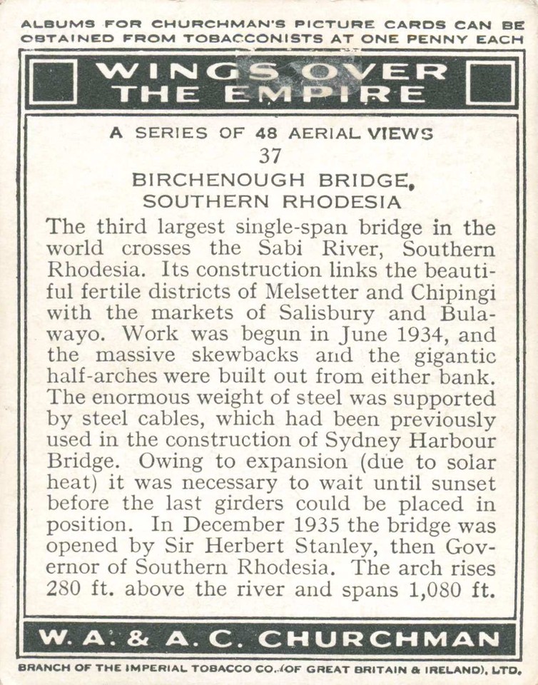 Churchman Cigarettes Wings Over the Empire Birchenough Bridge Southern ...