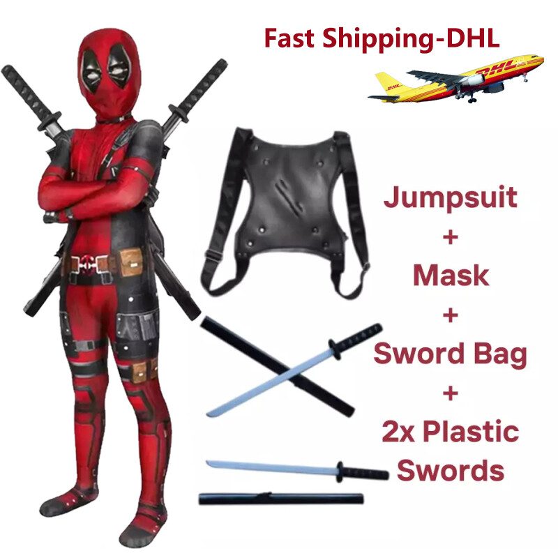 Boys Deadpool Superhero Costume Kids Jumpsuit Halloween Bodysuit Swords ...