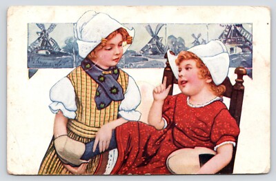 Postcard Lil Dutch Girls in Clogs Blue Tiles with Windmills PFB? c1910s ...