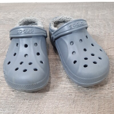 EUC Kids Crocs Baya Faux Fur Lined Clogs Charcoal Gray Fuzzy Slippers ...