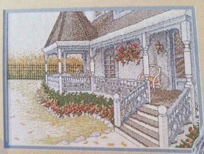 Cross Stitch "VICTORIAN PORCH" pattern ~ hanging plants, chairs ...