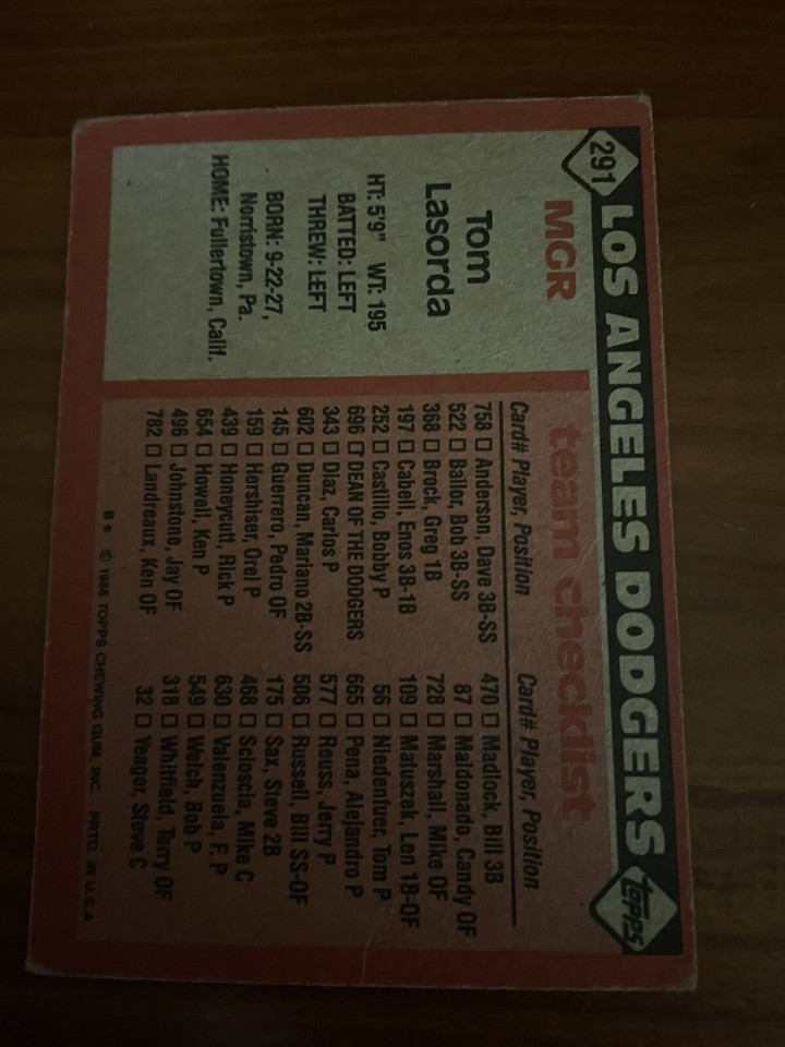 Legendary LA Dodgers Coach Tom Lasorda VINTAGE 1986 Tops Card# 291 | eBay